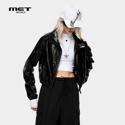 MET initaly麦特美式复古短外套女早春新款休闲百搭连帽卫衣