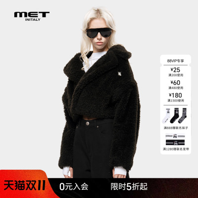 MET initaly黑色毛茸短外套女秋冬辛苦翻领大衣短款时尚外套