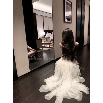 车迟恩Chien 重工高级生日小礼裙白色网纱吊带连衣长裙女 C240256