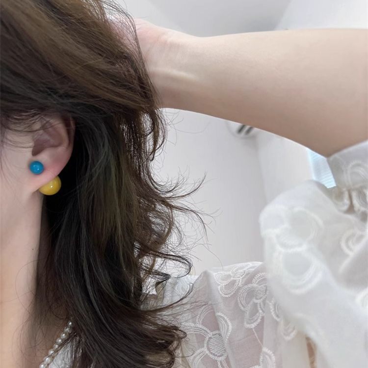 耳饰耳钉韩国轻奢高级感复古黄色糖果色彩耳饰女双面耳环ins风