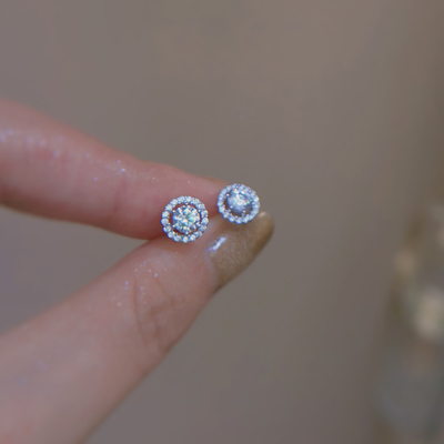 小福贵双圈圆钻微镶锆石纯银耳钉