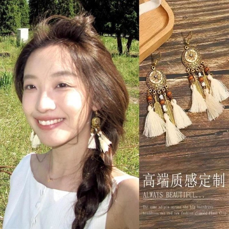 2026新款夸张独特耳钩耳坠棉线叶子流苏耳环女波西米亚民族风耳饰