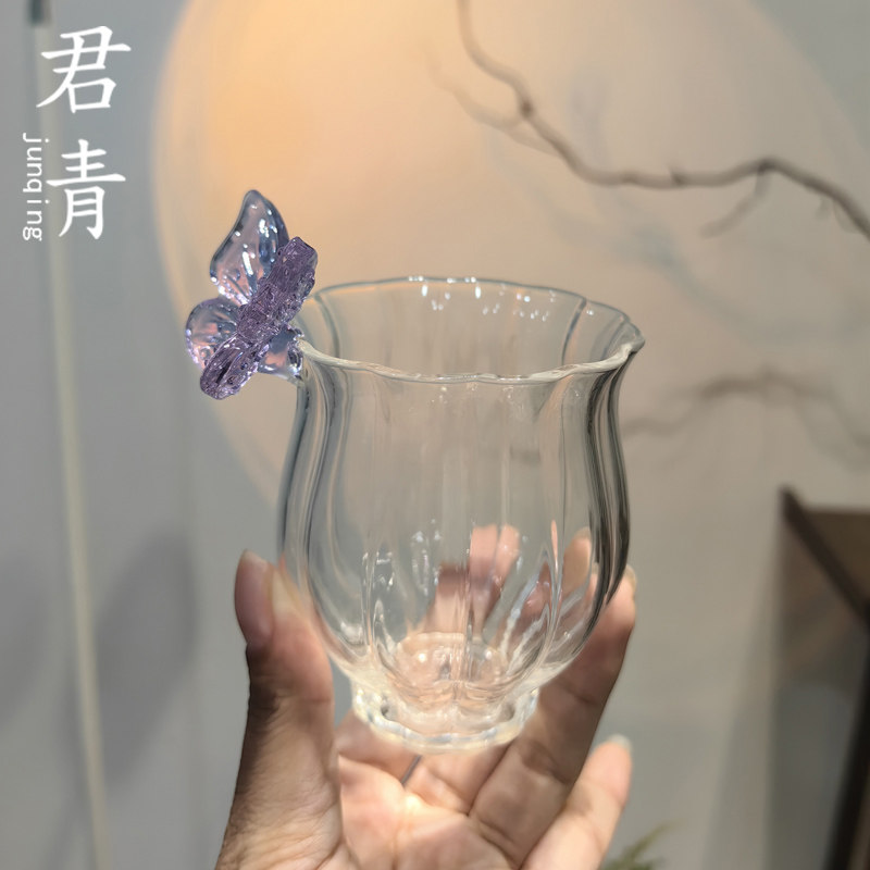 蝴蝶主人杯家用单杯玻璃功夫茶杯个人高档喝茶品茗杯茶具仙女杯