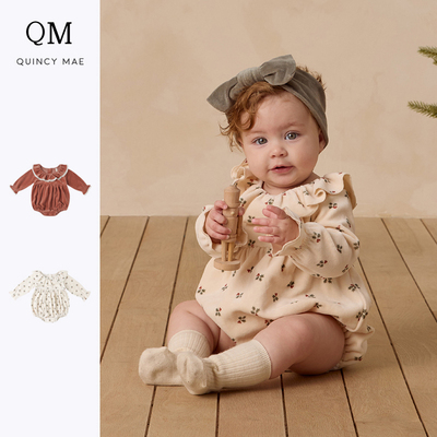 Quincy Mae童装秋冬新款花边领长袖碎花包屁可爱萌感绒面爬爬服