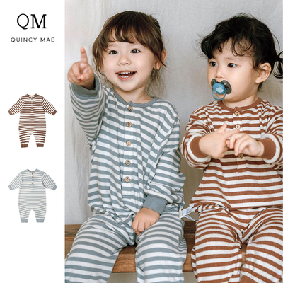 Quincy Mae童装秋冬新品男女宝长袖条纹连体服亲肤舒适