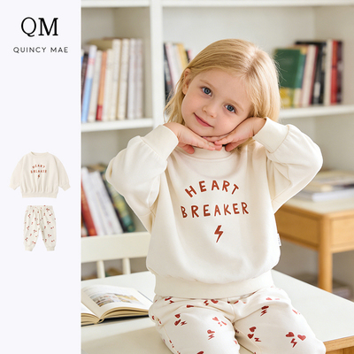 Quincy Mae新款男女童同款爱心印花卫衣套装春秋长袖上衣裤子