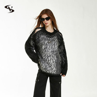 Vone SheeE 美式街头设计感甜酷宽松侧肩拉链扎染毛衣2025早秋女