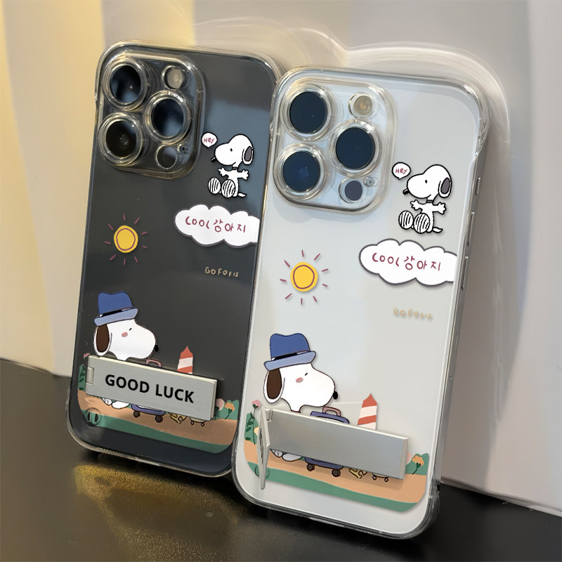 旅行史努比苹果15适用14ProMax超薄13带支架iPhone17卡通真我GT8Pro透明无边框16Plus可爱华为Mate80手机壳硬