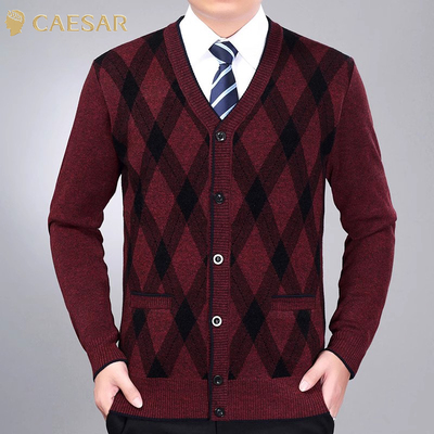 凯撒大帝格纹加绒开衫毛衣中老年加厚针织外套秋冬装保暖上衣男J