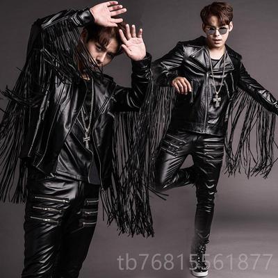 正品潮男歌手个服夜店酒吧架子DJ演出装性流苏鼓pu皮衣裤套装流苏