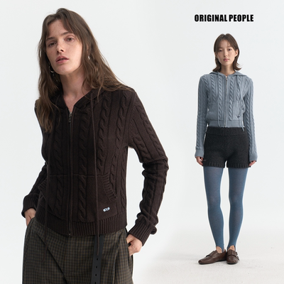 ORIGINAL PEOPLE秋季复古绞花连帽纯色修身拉链针织毛衣外套女