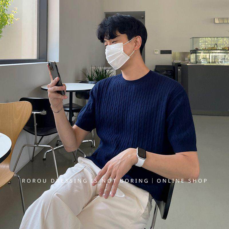韩版夏季针织衫 T恤男藏青色宽松简约半袖打底衫基础圆领短袖上衣