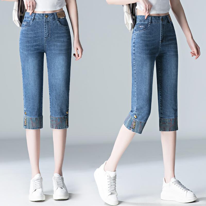 牛仔七分裤女夏季新款高腰刺绣修身显瘦小脚女裤弹力小个子中裤子