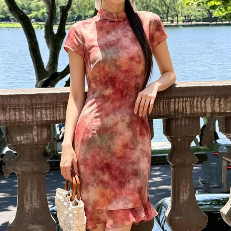 复古风改良旗袍连衣裙女夏季短袖立领花色修身显瘦优雅气质短裙子