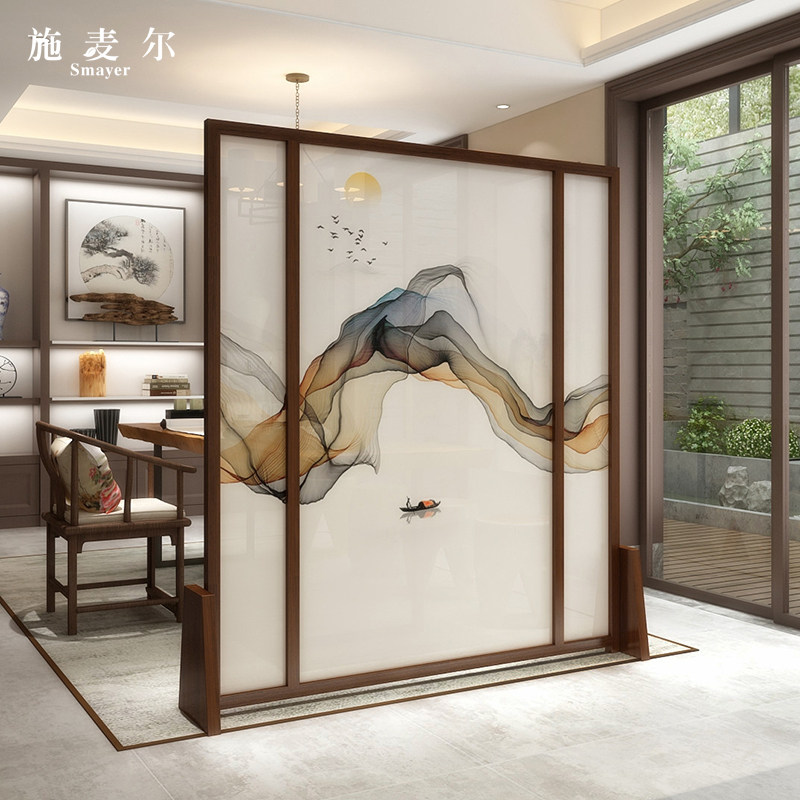 新中式实木隔断装饰屏风客厅玄关单位办公室餐厅简约座屏抽象山水