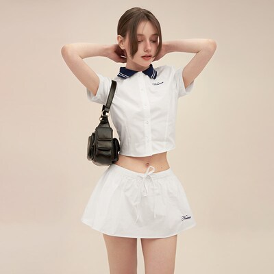 NNOVA学院风短袖拼接衬衫抽绳半裙女夏季显瘦套装