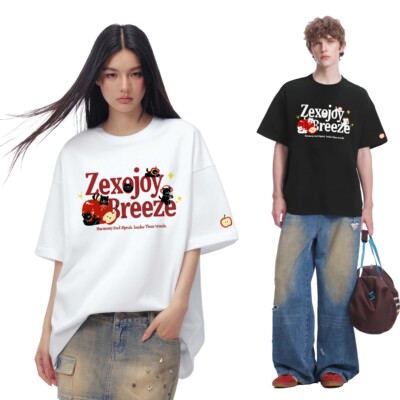 ZEXO美式复古慵懒风字母苹果小猫刺绣圆领纯棉休闲潮牌短袖T恤