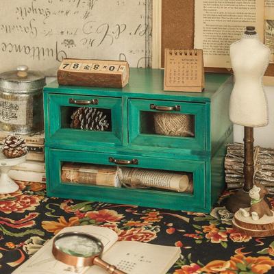 化妆品置物架复古桌面收纳盒木质玻璃抽屉式家用电脑增高架zakka