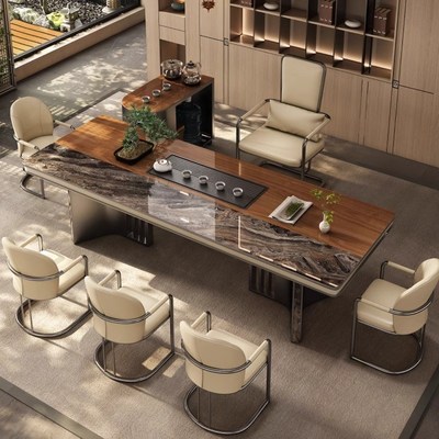 优选奢石岩板茶台现代简约办公室大板茶桌别墅设计师款泡茶桌一桌
