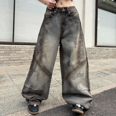 潮牌高街做旧渐变破洞阔腿牛仔裤