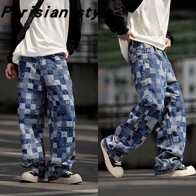 巴黎风美式复古L/V棋盘格牛仔裤