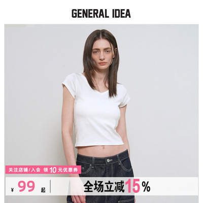 GENERAL IDEA BY BUMSUK夏季休闲修身V领短款露脐显瘦短袖T恤女
