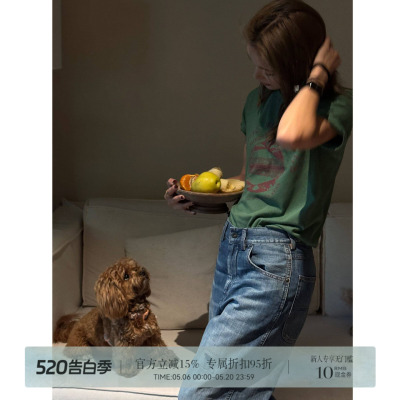 RHER STUDIO“森绿棉T”夏季新款美式复古印花显瘦百搭短袖TT2QT