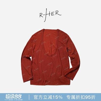 RHER STUDIO“砖红大U领长袖”夏季美式复古宽松显瘦长袖T恤CT008