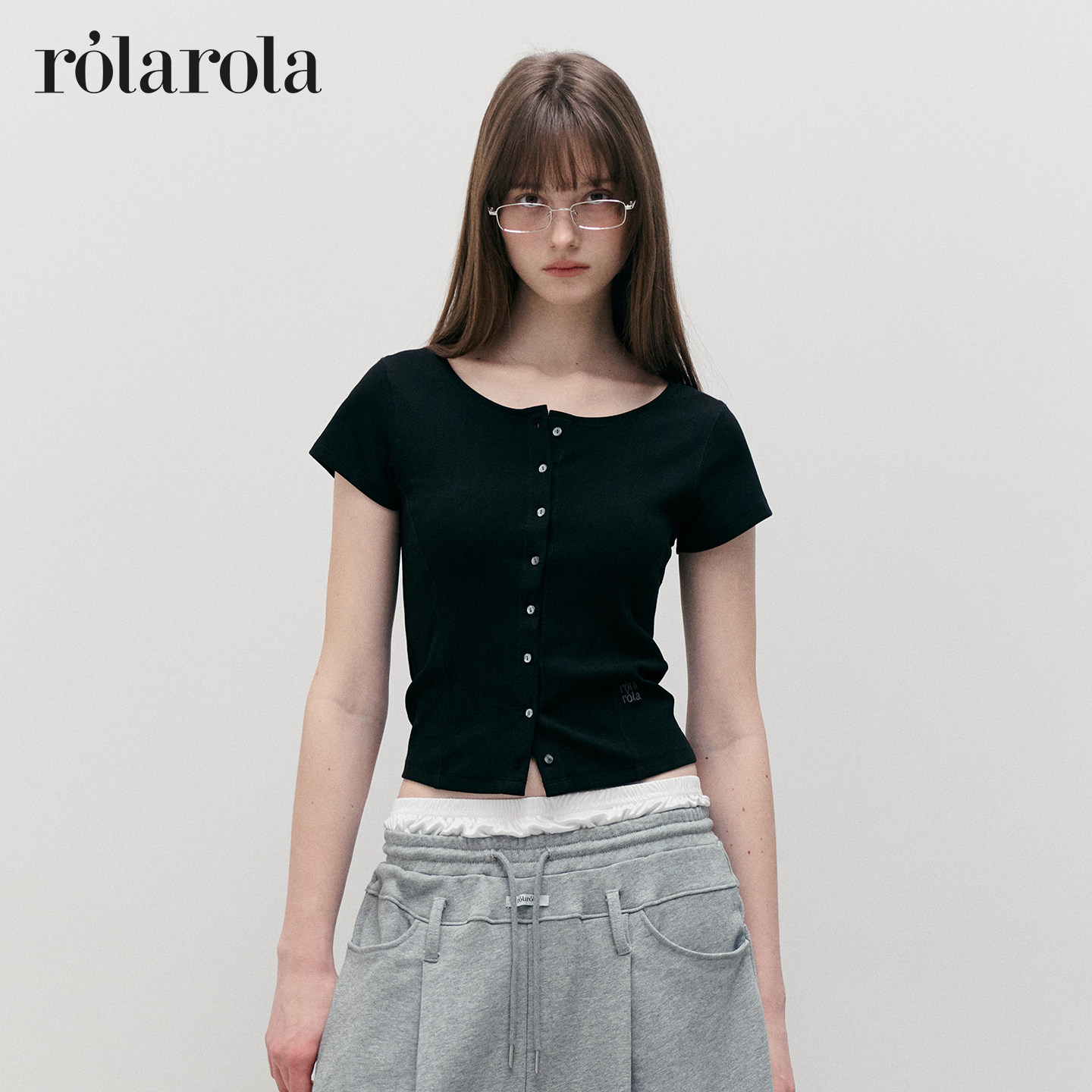 ROLAROLA26年休闲风短袖T恤女夏纽扣罗纹开衫修身百搭气质上衣