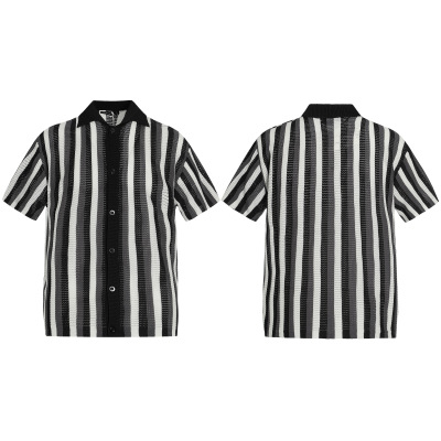 DECEYE 简约复古条纹拼色针织短袖衬衫男夏季老钱风镂空编织衬衣