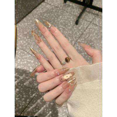 晚秋手工香槟金波点猫眼穿戴甲