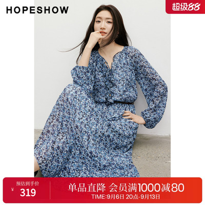 红袖2026春季新款女装 印花雪纺系带荷叶边拼接长袖连衣裙
