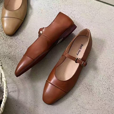 Zachpeng真皮复古风做旧一字扣平底玛丽珍鞋女浅口单鞋经典牛皮鞋
