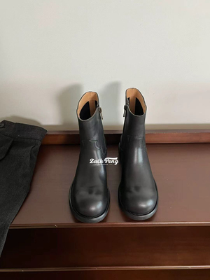 ZACHPENG新款2025头层牛皮复古风圆头做旧侧拉链鞋浅口时尚骑士靴