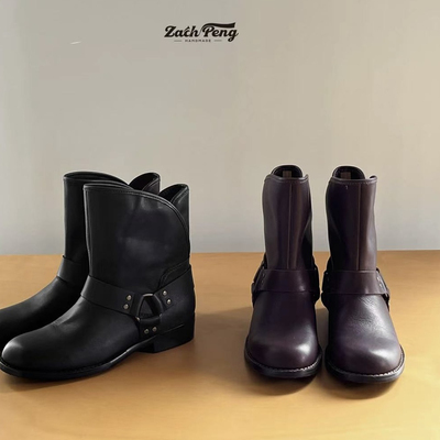 Zachpeng新款头层牛皮复古风做旧平底女鞋浅口女靴经典一脚蹬女靴