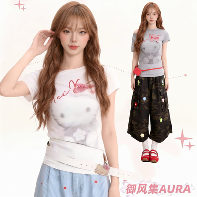AURA甜酷蝴蝶结Kitty猫T恤女