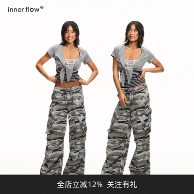 INNERFLOW夏季烫钻条纹抹胸+灰色罩衫+迷彩长裤修身三件套套装女