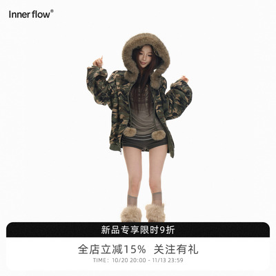 INNERFLOW迷彩色加绒秋冬季连帽大毛领慵懒感宽松大毛毛外套女