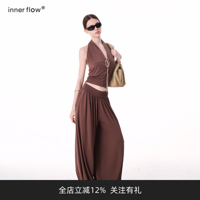 INNERFLOWSoft Daily  慵懒舒适撞色蕾丝休闲挂脖上衣阔腿裤套装