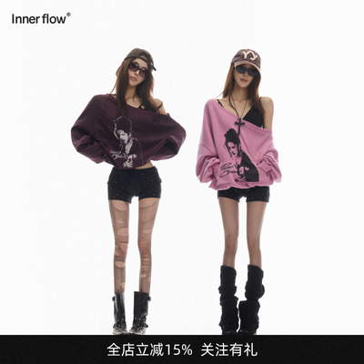 INNERFLOW2026秋冬宽松落肩单件印花辣妹松弛感卫衣外套上衣女