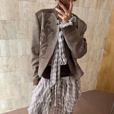 秋季复古印花圆领外套气质上衣女