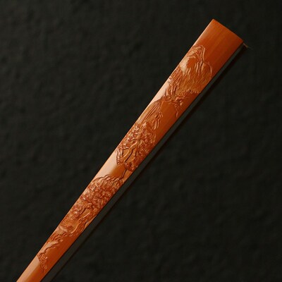 精品双面纯手工浅浮雕山水风光图老玉竹扇骨文玩竹雕折扇子王伟制