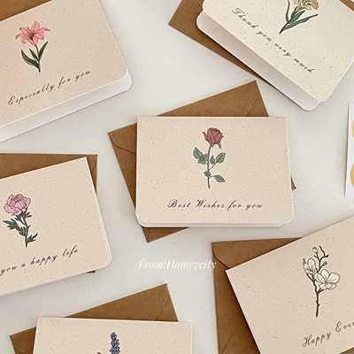 一套6款~覆古牛皮纸浪漫玫瑰贺卡带信封留言卡节日祝福语卡片写信
