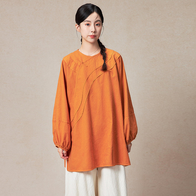 【照本堂】2025秋季新款女装棉麻16支圆领斜襟灯笼袖上衣女W12550