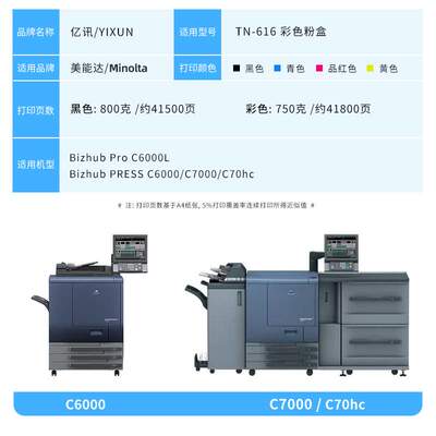 适用柯尼卡美能达C6000L粉盒C6000 C7000 C70hc墨粉盒TN616碳粉盒