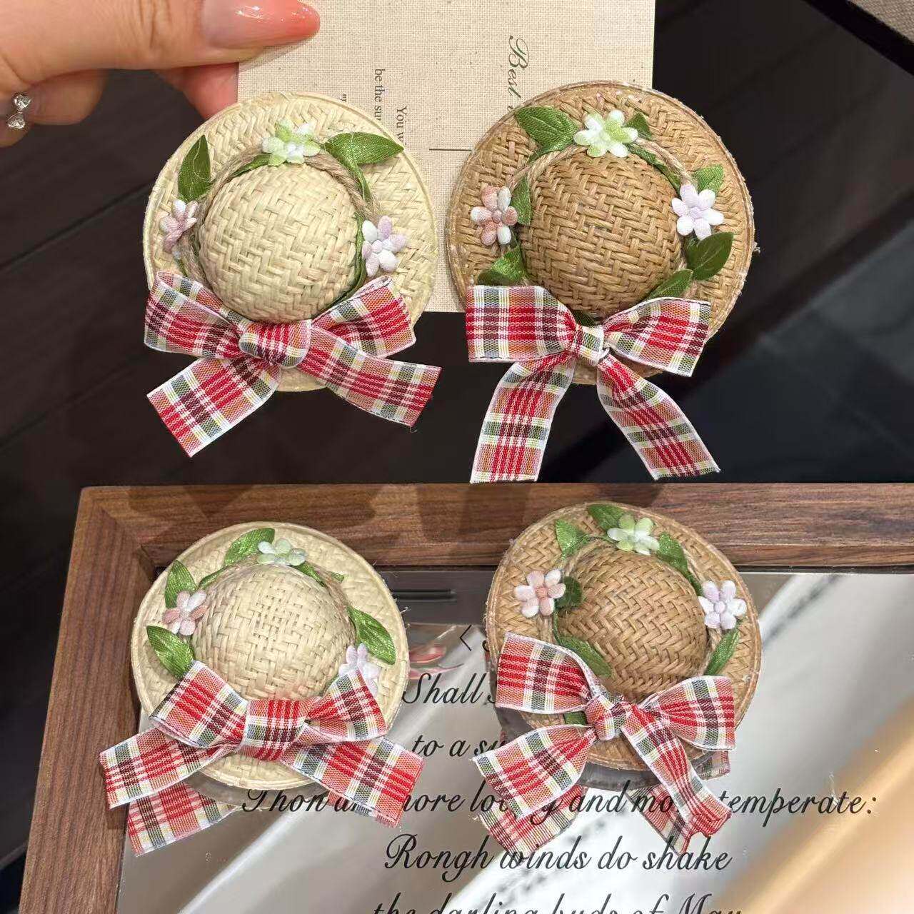 可爱蝴蝶结草编小帽发夹甜美风少女碎发刘海夹森系高颜值百搭发卡