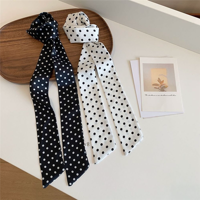 新款时尚百搭装饰领巾发带飘带黑白色唯美高级波点长条丝巾丝带女