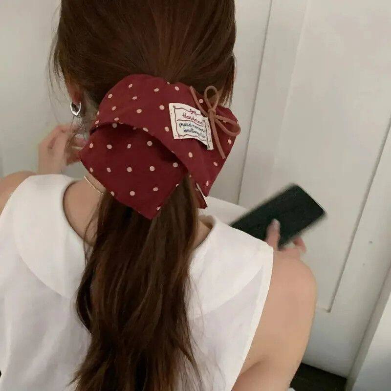 勃艮第撞色波点蝴蝶结方巾发圈大肠布标头绳复古少女马尾发绳发饰