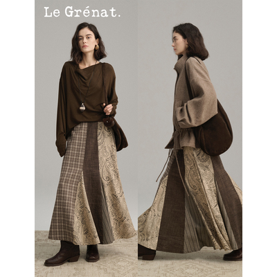 Le Grenat秋冬女羊毛混纺拼接复古印花不规则裙摆长款半身裙