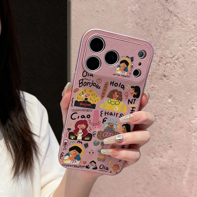 彩色头发女孩小羊皮适用苹果17promax手机壳新款iphone16pro可爱秋冬15女高级感14por全包13涂鸦皮纹12防摔套